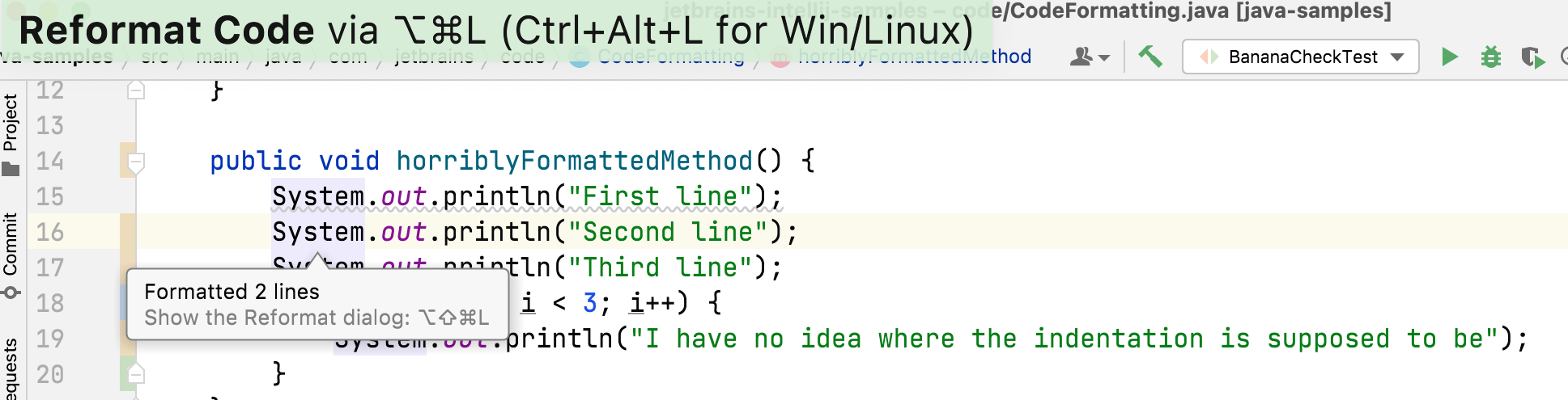 Reformatting a selection of code or class - JetBrains Guide